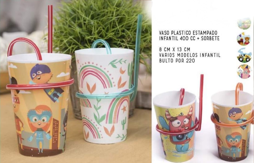 Plasticos del Sur - Vaso Plastico Estampado Infantil con Sorbete x Unidad